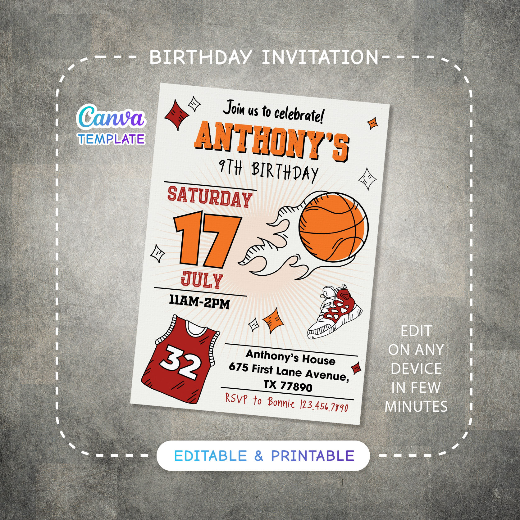 Printable Birthday Invitation, Editable Invitation, NBA Invite ...