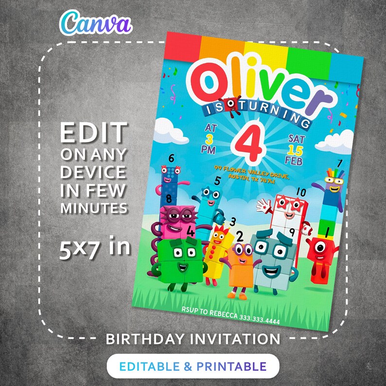 Numberblocks Birthday Invitation, Editable Party Invite (canva Template ...