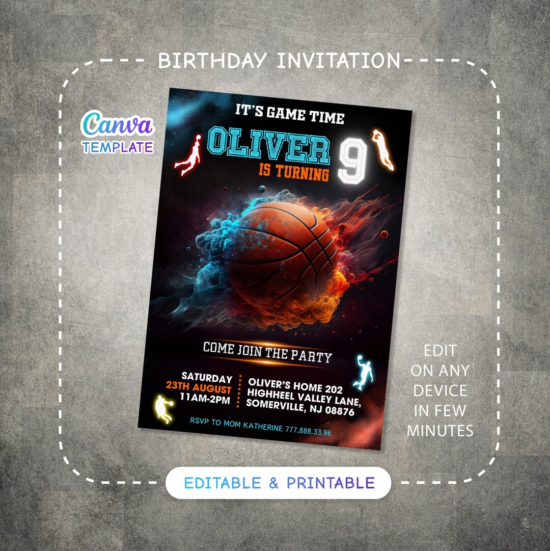 Printable Birthday Invitation, Editable Invitation, NBA Invite ...
