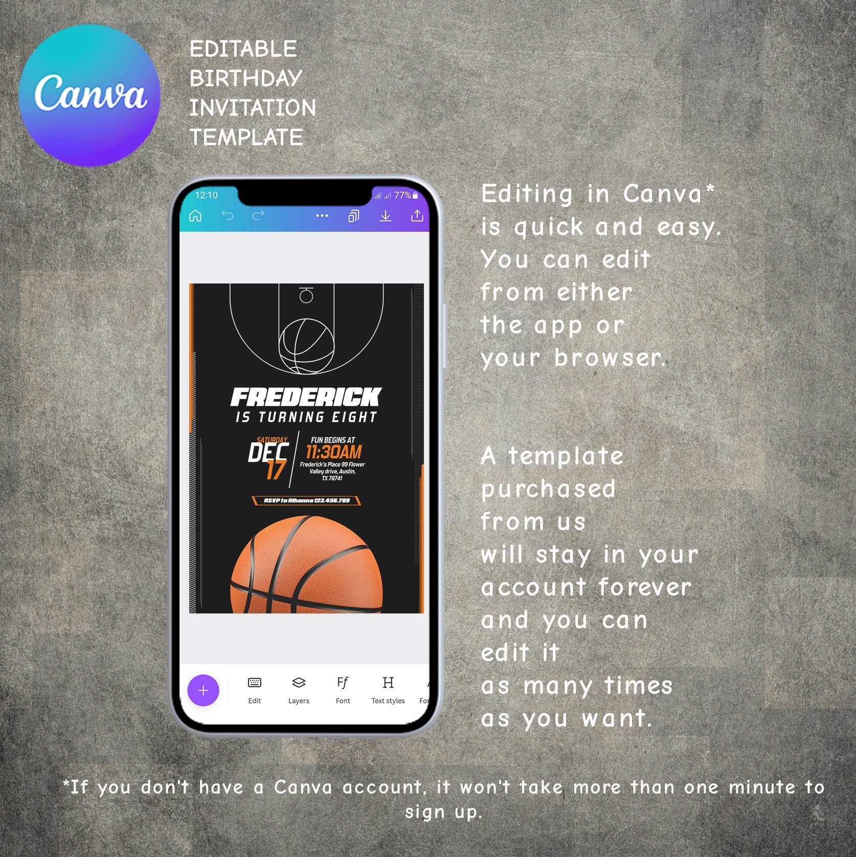 Printable Birthday Invitation, Editable Invitation, NBA Invite ...