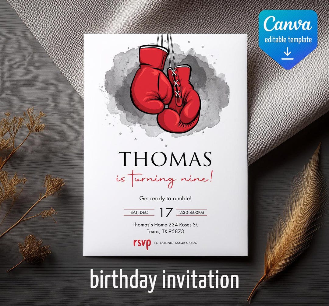 Printable Boxing Invitation, Fighter Invite, Digital Editable Birthday ...