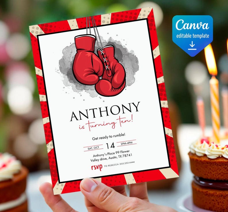 Printable Boxing Invitation, Fighter Invite, Digital Editable Birthday ...