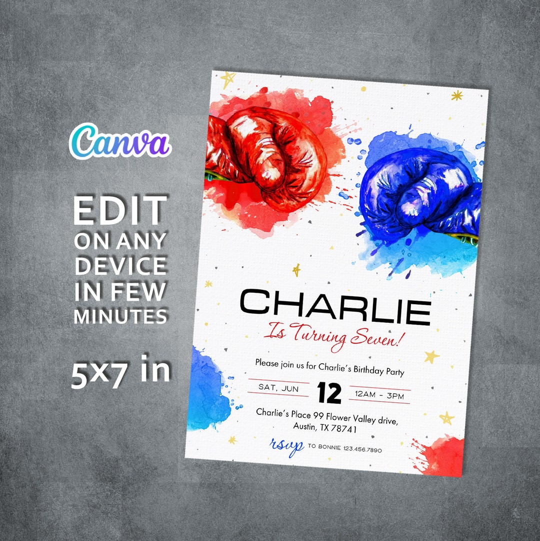Printable Boxing Invitation, Fighter Invite, Digital Editable Birthday ...