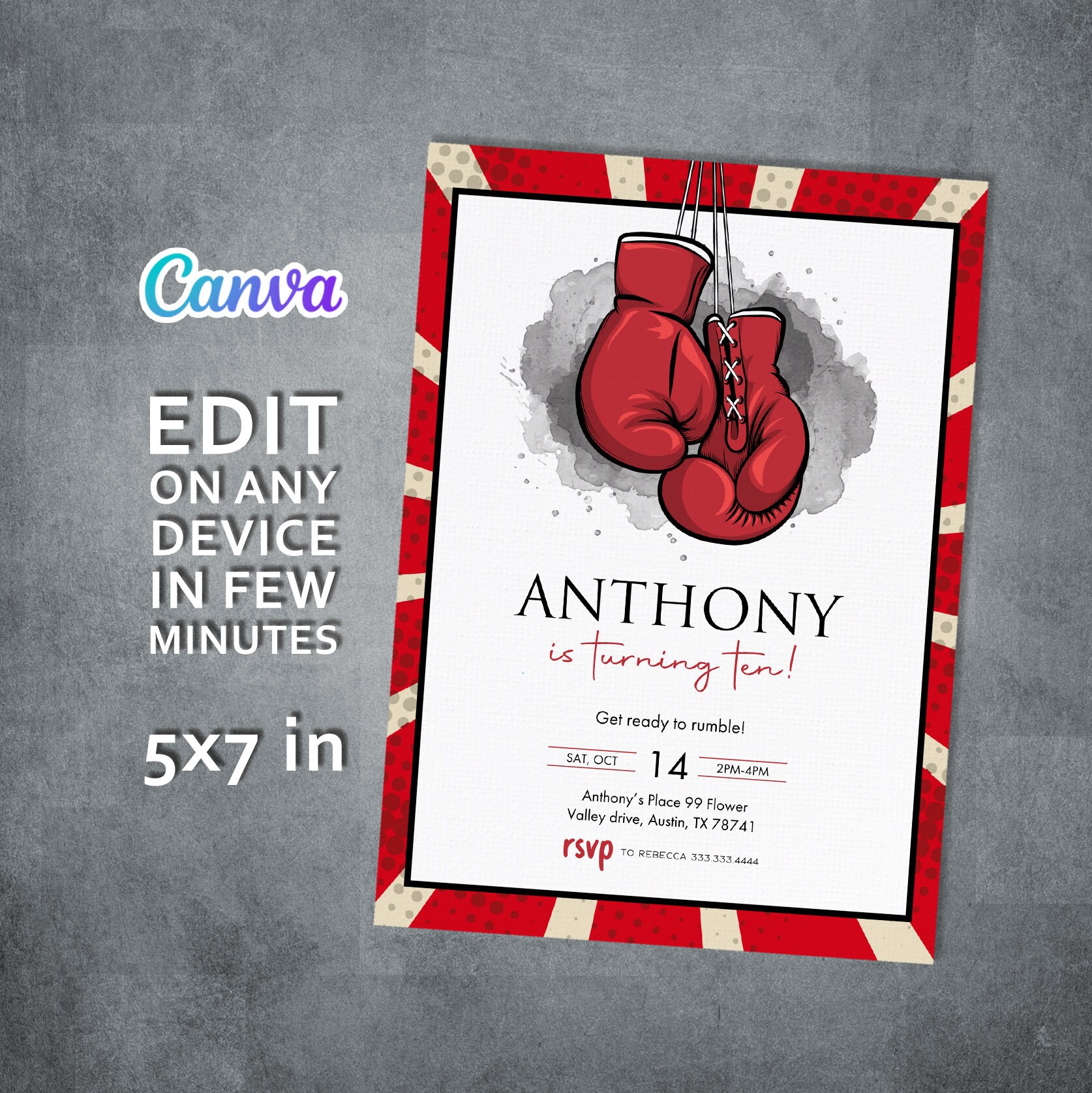 Printable Boxing Invitation, Fighter Invite, Digital Editable Birthday ...