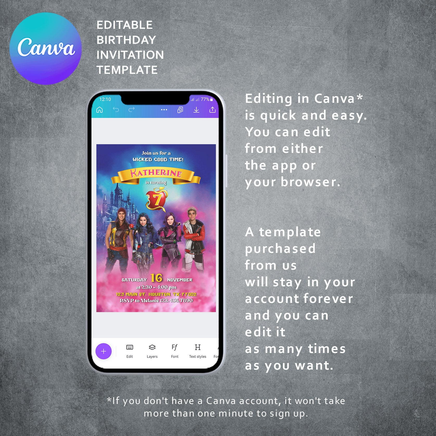 Printable Descendants Invitation, Editable Descendants Birthday Invite ...