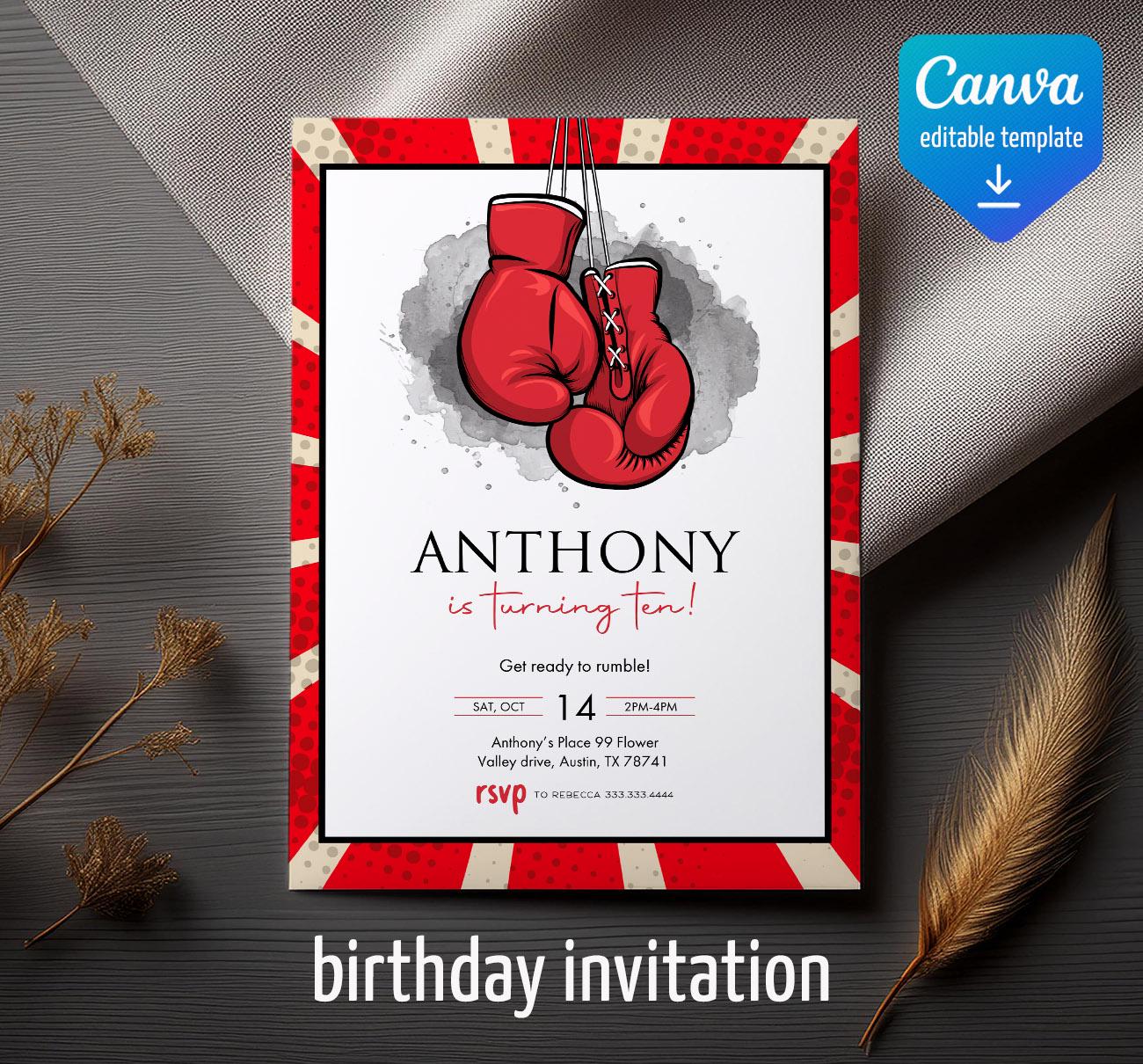 Printable Boxing Invitation, Fighter Invite, Digital Editable Birthday ...