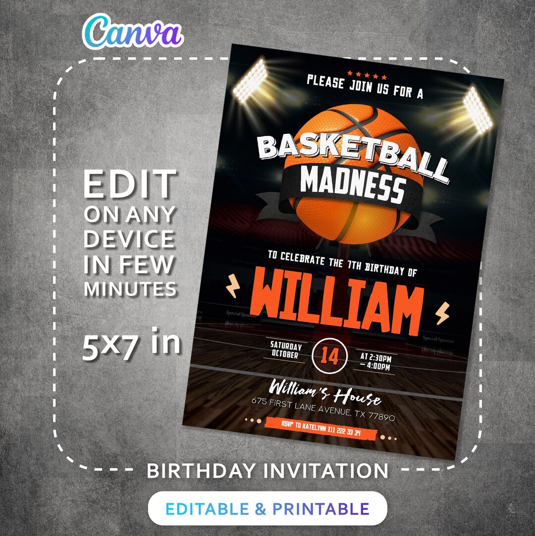 Printable Birthday Invitation, Editable Invitation, NBA Invite ...