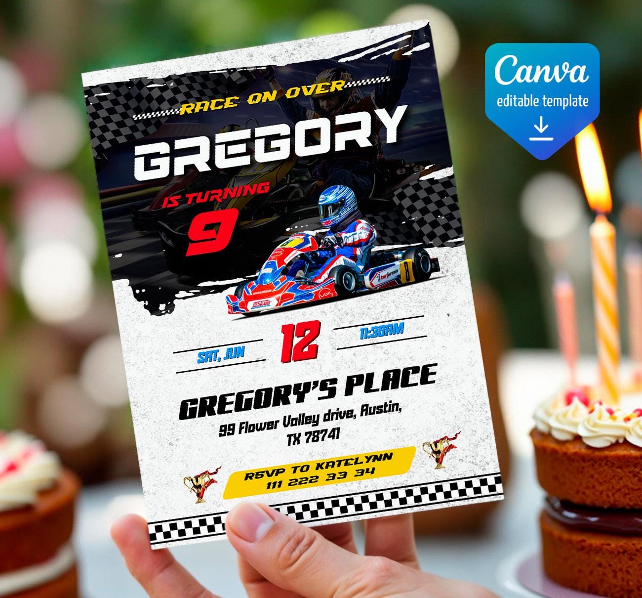 Go Kart Birthday Invitation, Go-kart Party, Karting Pilot Birthday ...