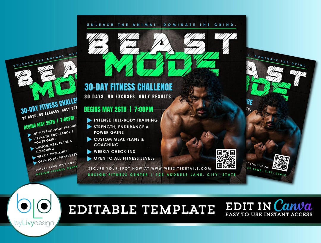 Beast Mode Fitness Challenge Flyer, Gym Template (canva, Digital ...