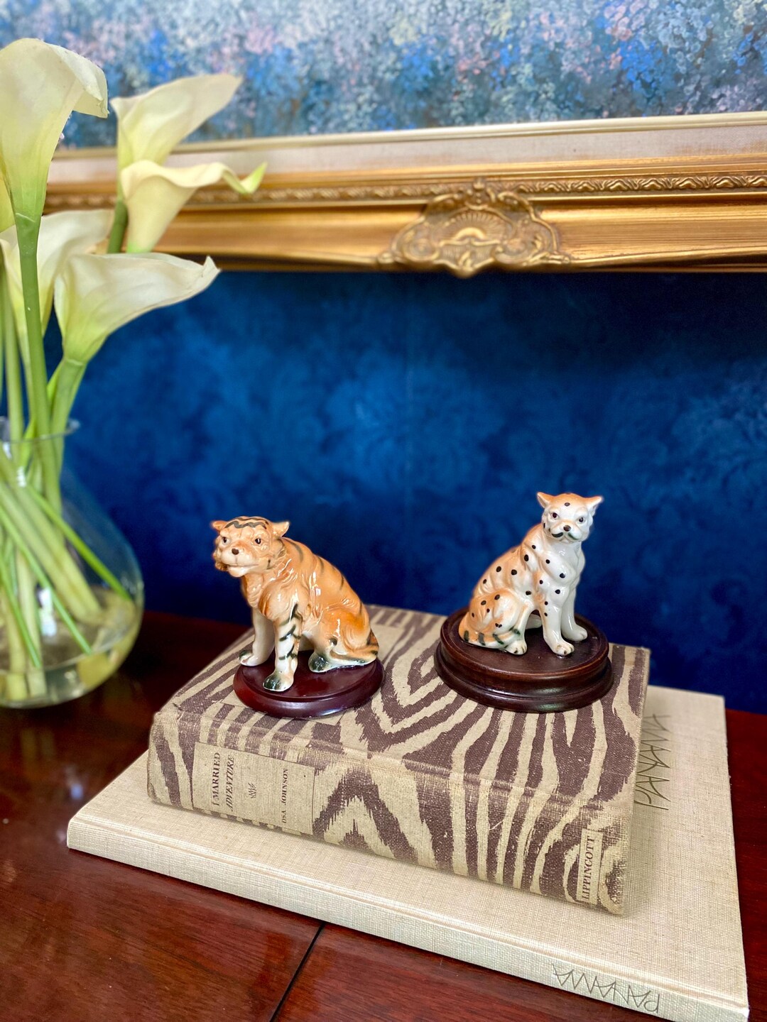 Pair of MCM Vintage Porcelain Tiger & Cheetah Hand Painted Figurines on ...