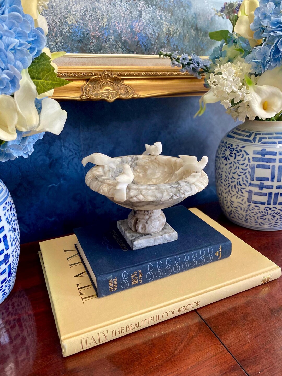 Vintage 8” Alabaster Bird Bath Sculpture W/ Carved Doves – Marble ...