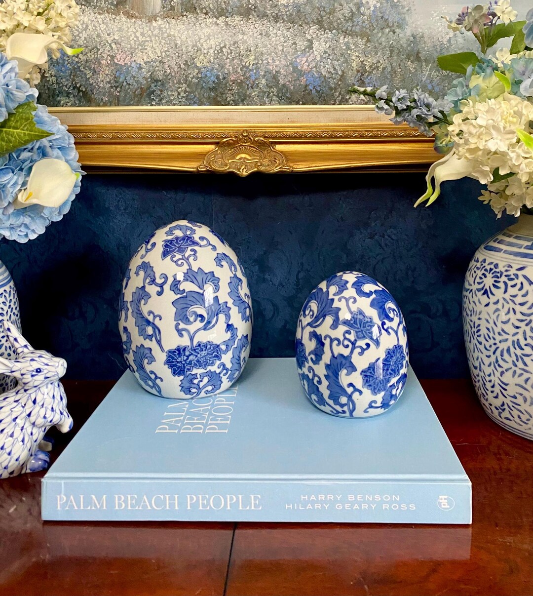 Blue & White Porcelain Egg Pair With Floral Chinoiserie Pattern - Large ...