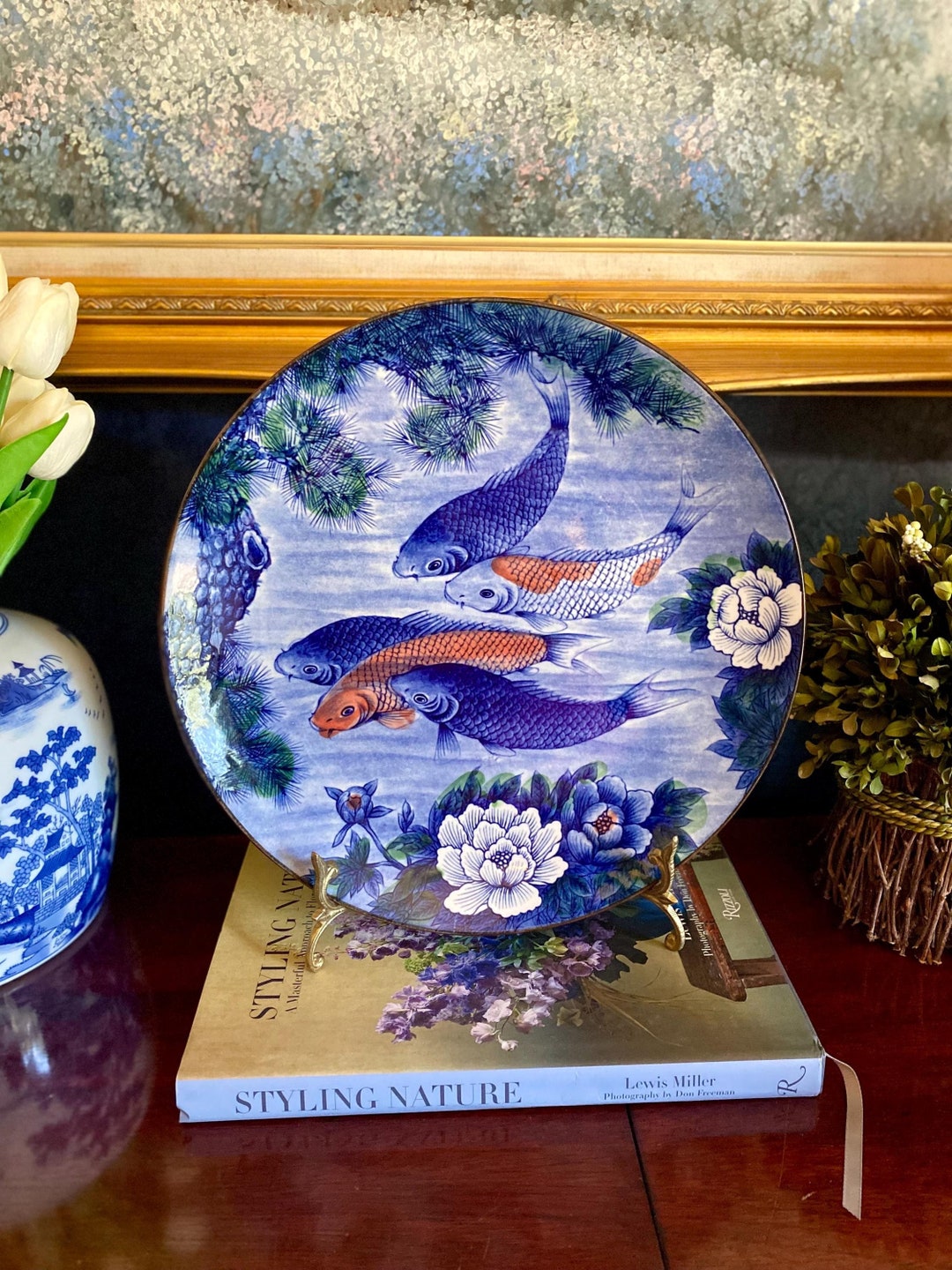 Stunning Vintage Japanese Koi Fish Pond Porcelain Charger Platter ...