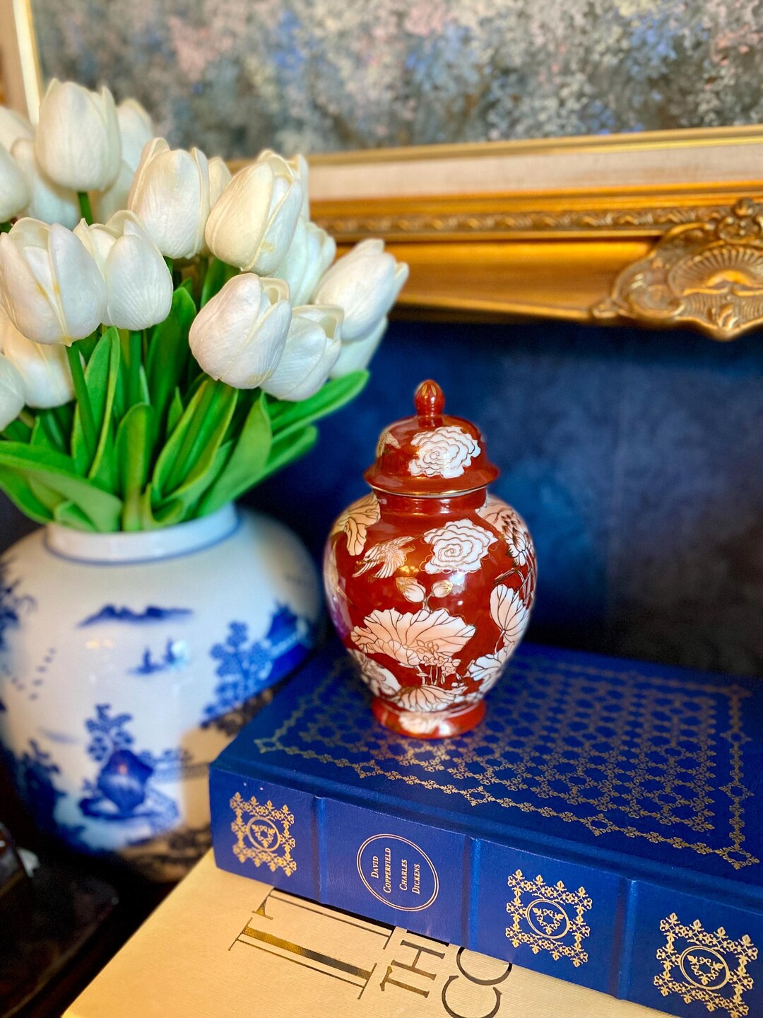 Vintage Coral Red Ginger Jar HFP Macau W/ White Florals Crane Birds ...