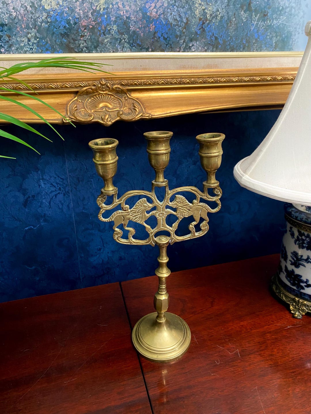 Vintage Brass Lion of Judah Candelabra Three Arm Menorah Style Candle ...