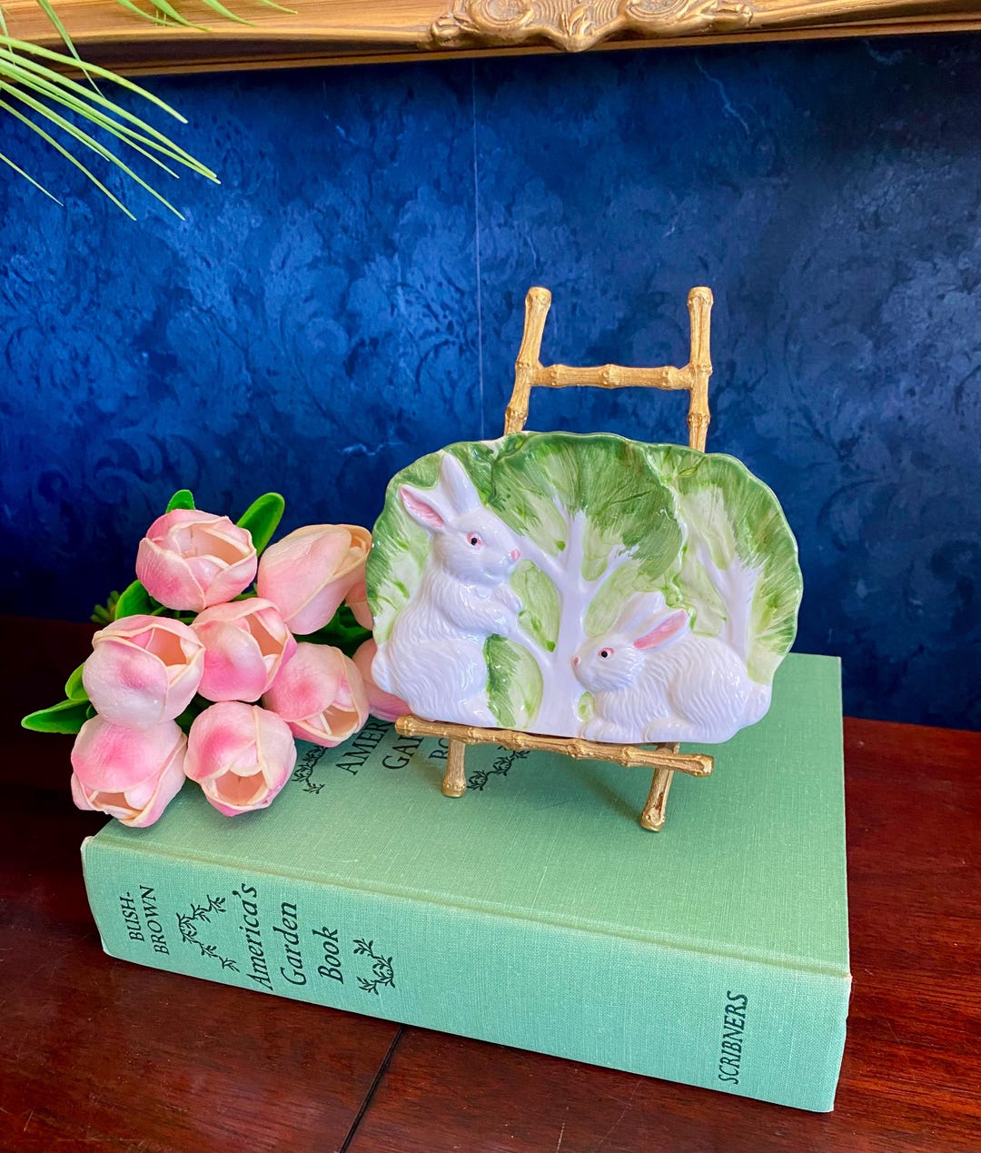 Vintage Lettuce Leaf and White Bunny Bunnies Rabbits Soap Dish Ceramic ...