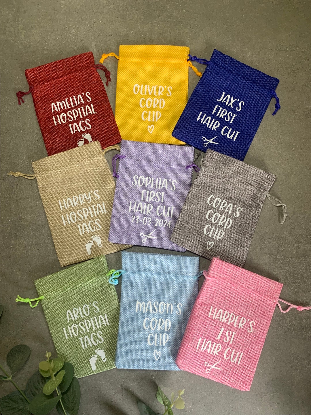 Personalised Baby Gift Keepsake Memory Bags Hospital Tags 1st Hair Cut ...