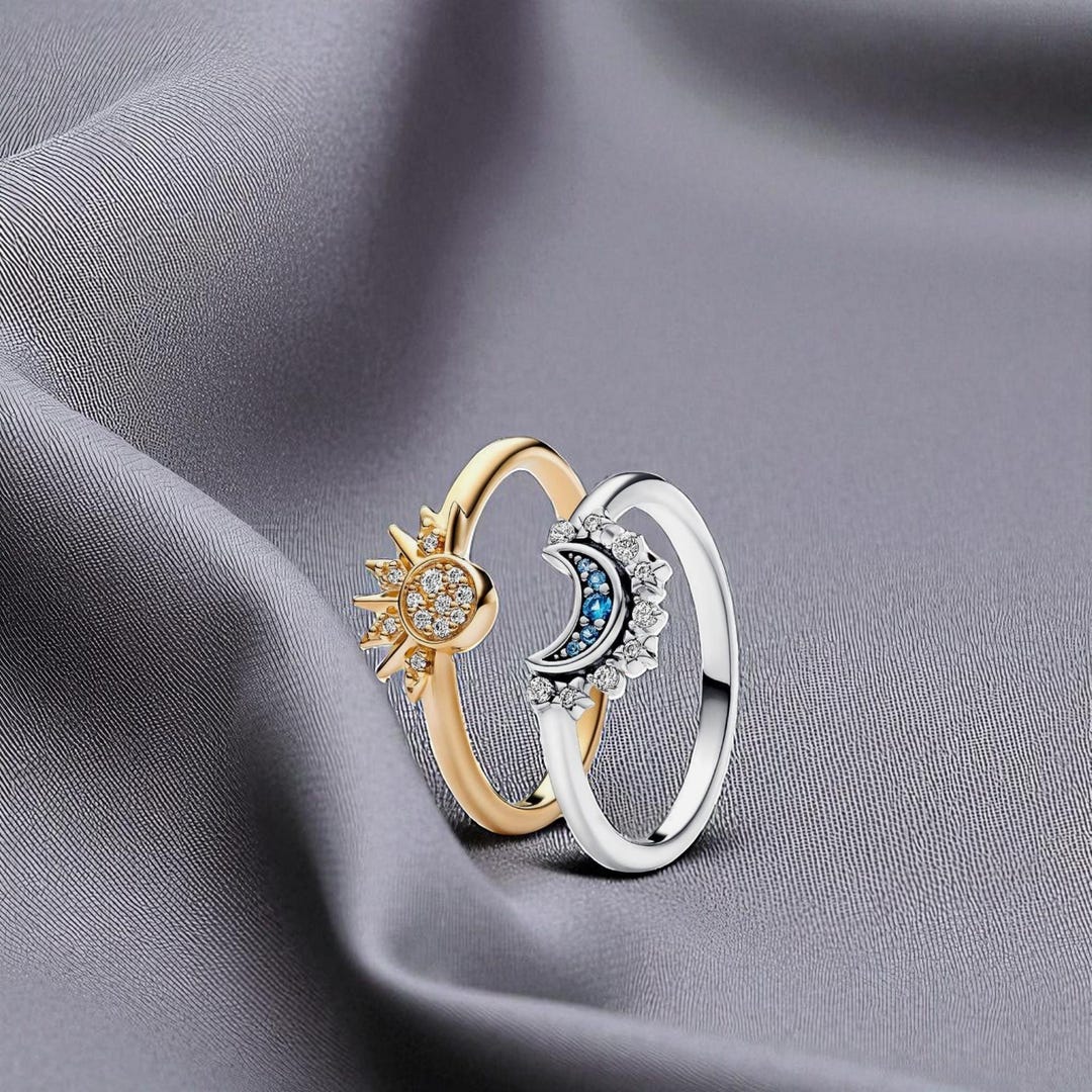 Sun & Blue Moon Ring Gift Set, Two-tone Celestial Rings for Women, 14K ...