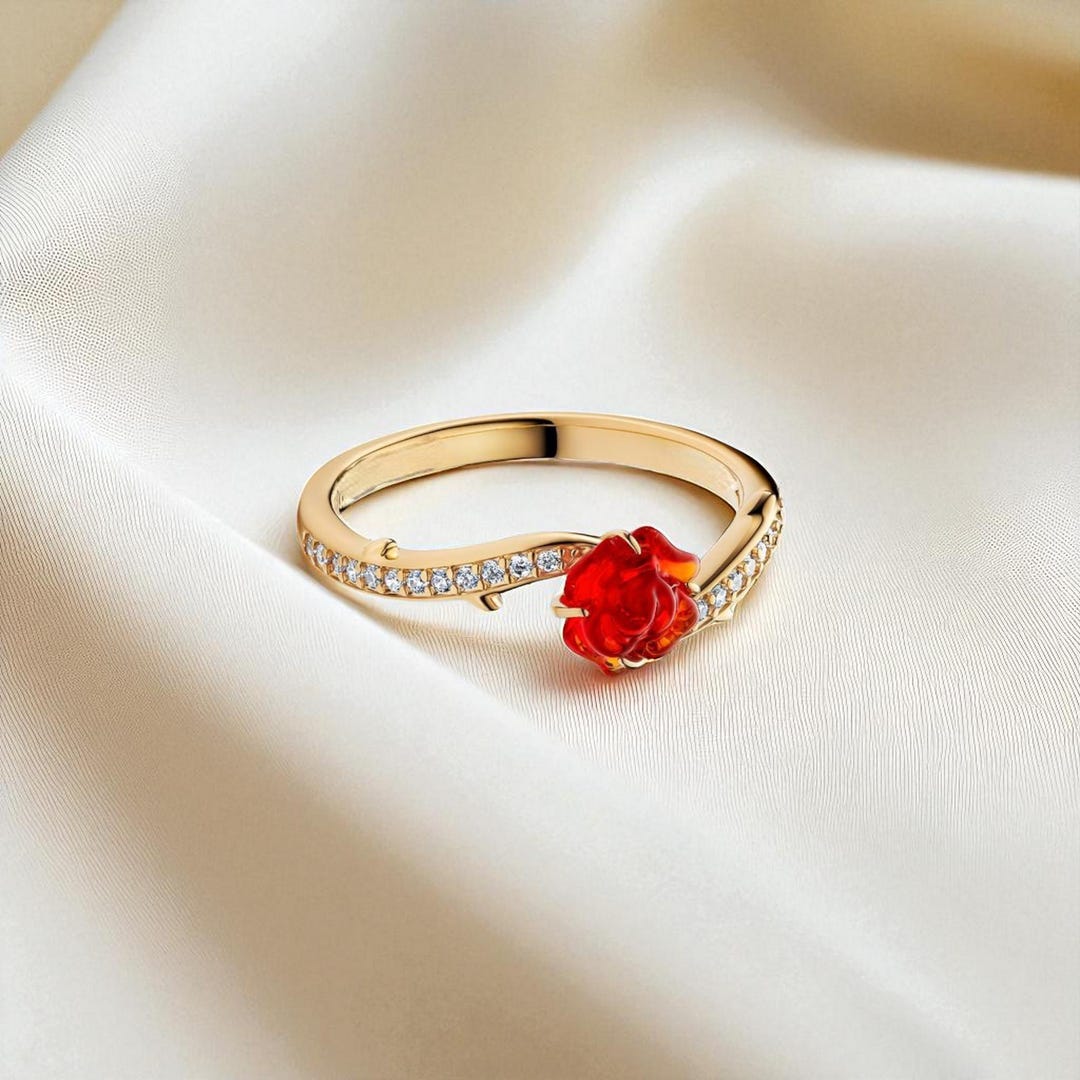 Beauty and the Beast Enchanted Rose Ring, 14k Gold Plated Ring With ...
