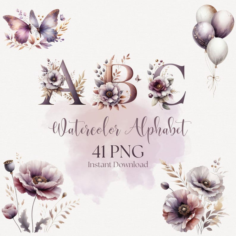Watercolor ABC Png. Wedding Alphabet Purple. Floral Letters & Numbers ...