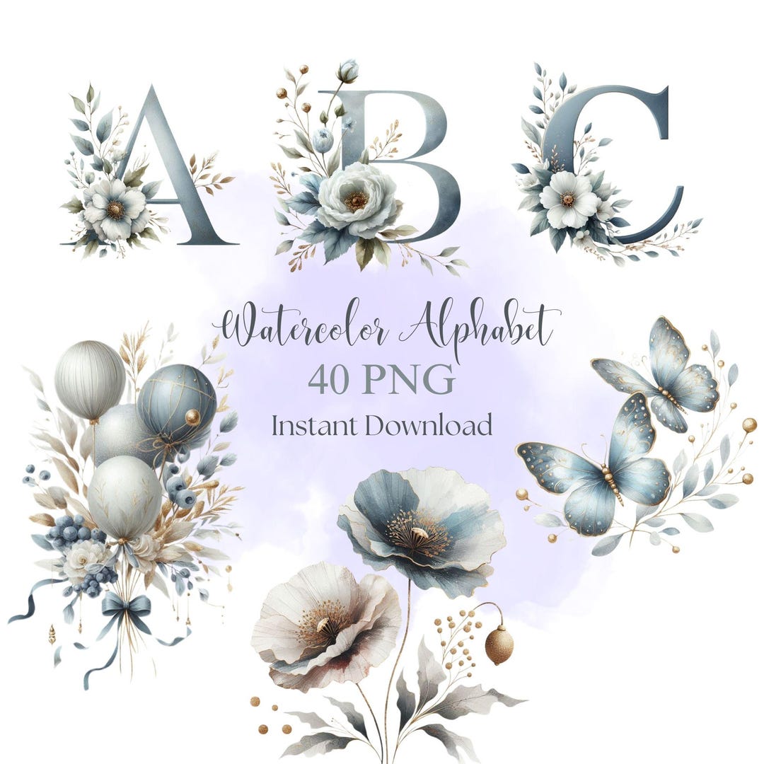 Watercolor Alphabet Clipart. Wedding ABC Numbers Png. Blue Alphabet ...