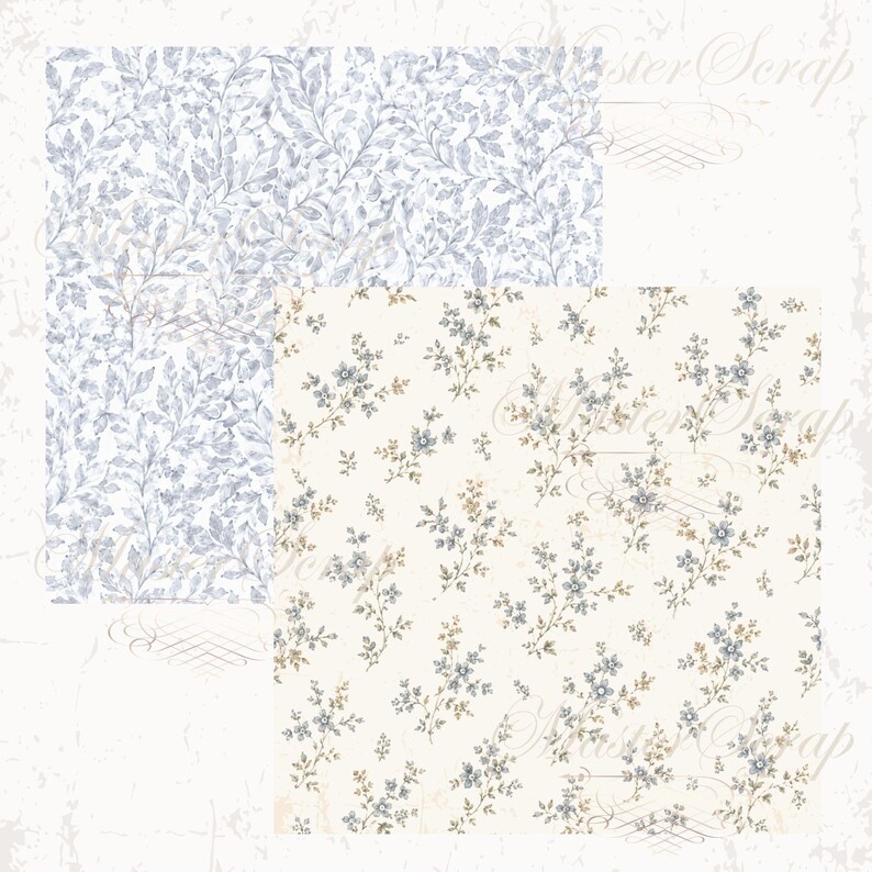 Blue Linen Cottagecore Digital Paper: Floral, Plaid, Damask (12x12 JPEG ...
