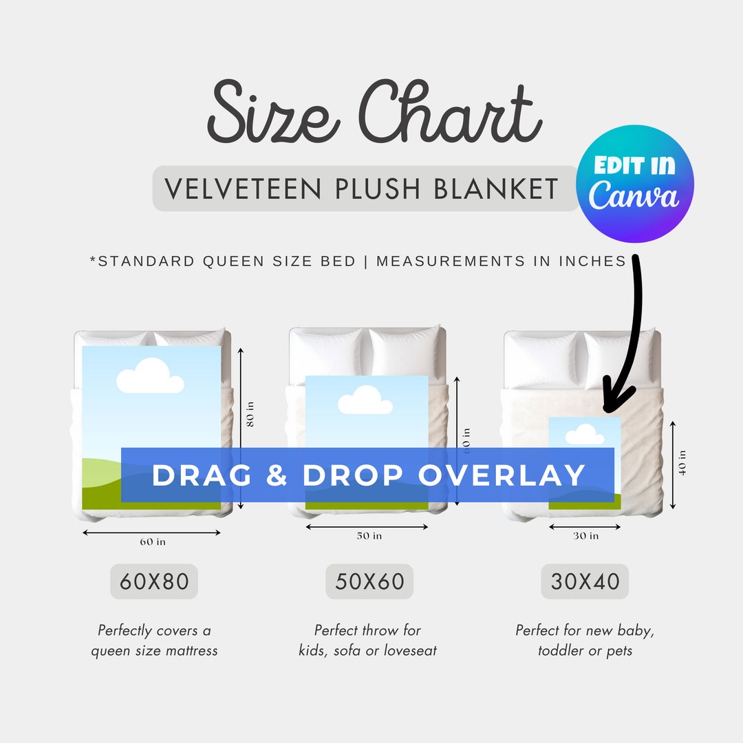 Blanket Mockup Size Guide, Drag and Drop Canva Overlay PNG, Velveteen ...