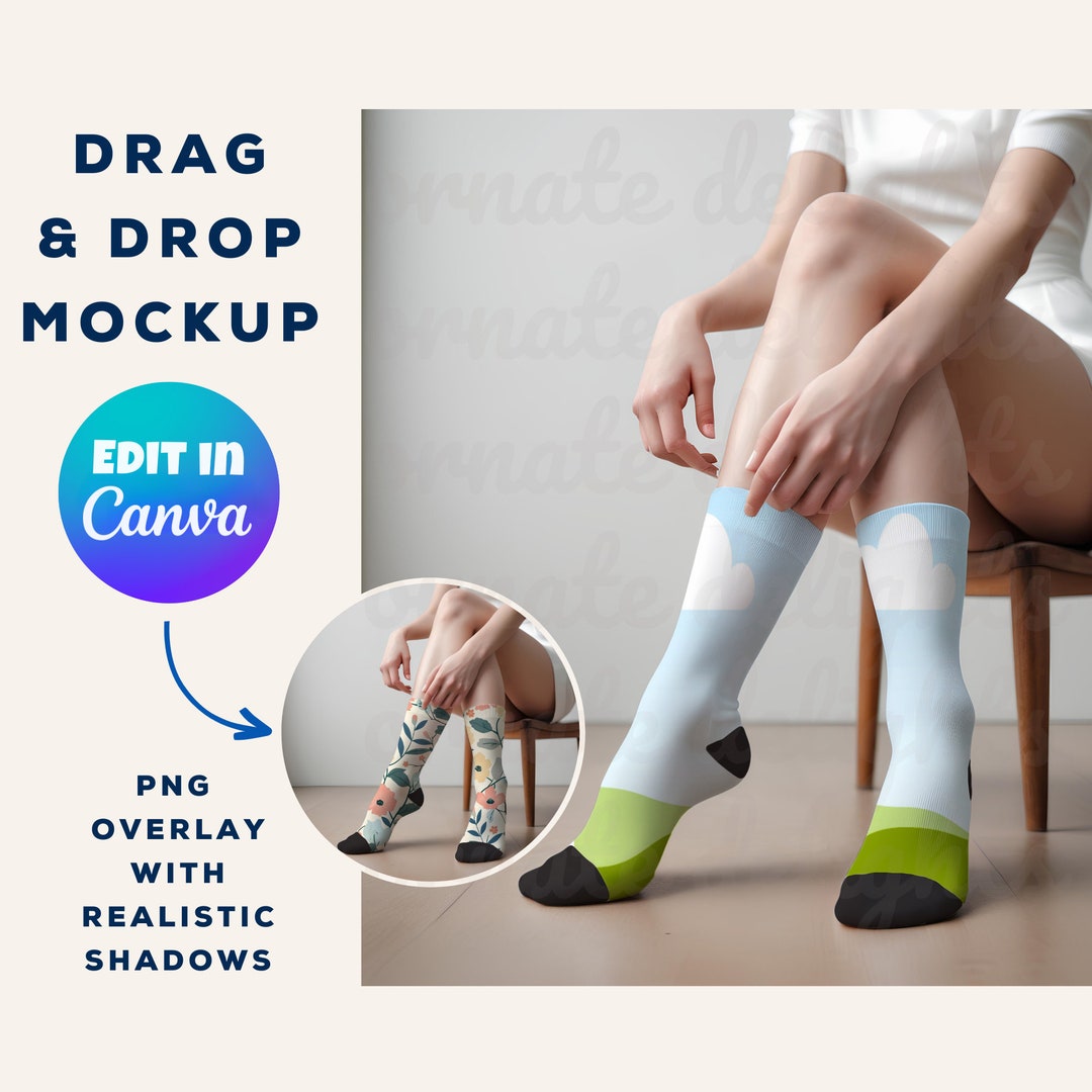 Cushioned Crew Sock Mockup, Sublimation All Over Print AOP Sock Mock, 3 ...