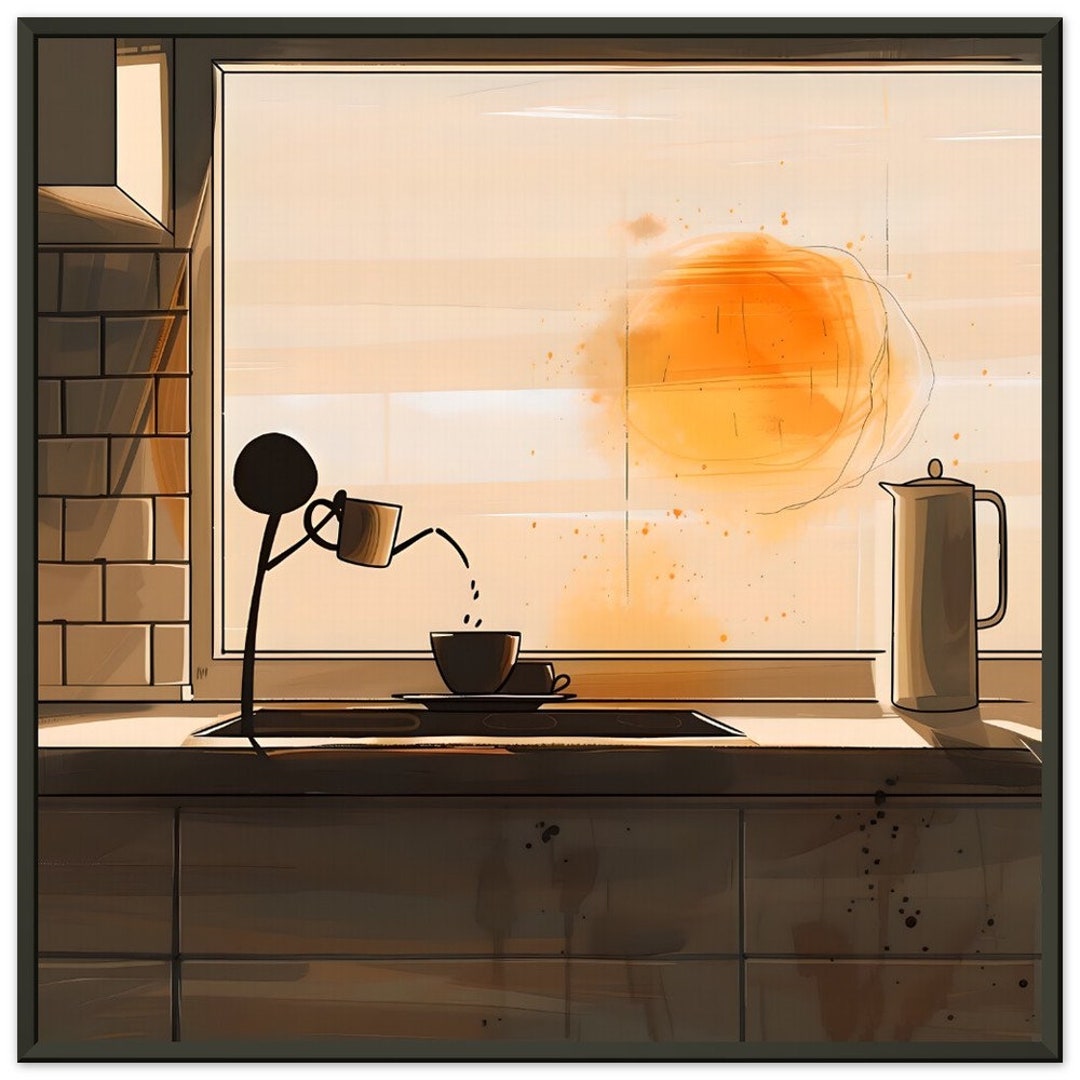 Metal Framed Poster Stickman Coffee at Sunrise Art Premium Matte Paper ...