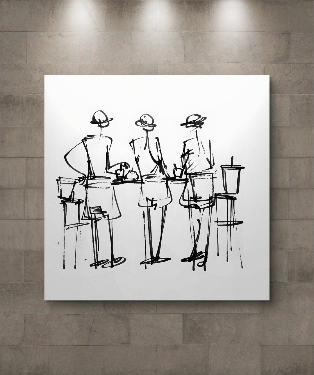 Line Art Cafe Waiter Scene Matte Poster Print Minimalist Digital Wall ...