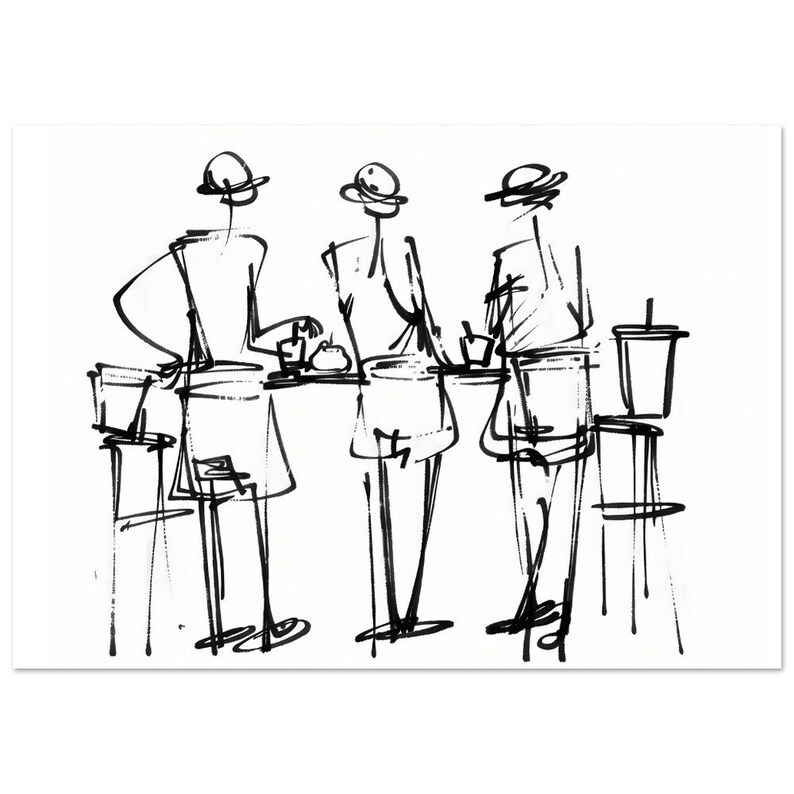 Line Art Cafe Waiter Scene Matte Poster Print Minimalist Digital Wall ...
