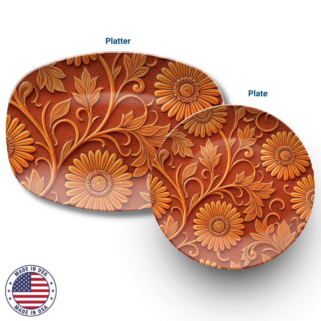 Rustic Floral Dinnerware Set – Orange Plate & Platter | Made in USA - Etsy