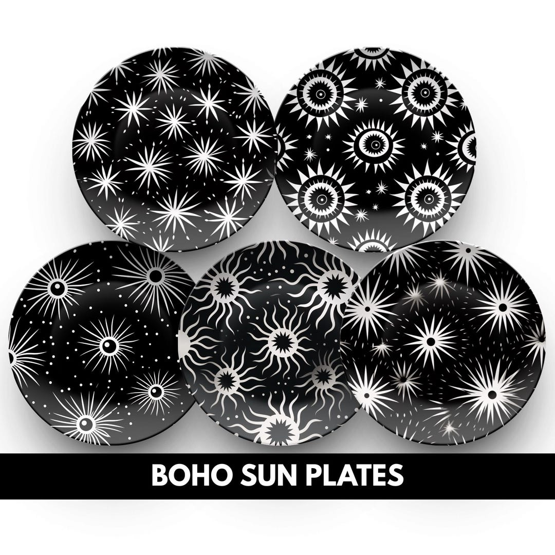 Boho Sun Plates: Black & White Dinnerware, Modern Cosmic Table Decor ...