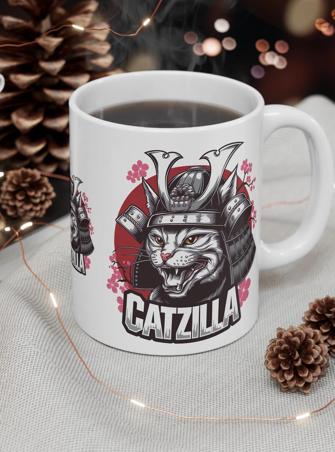 Catzilla Mug, Samurai Cat Japanese Art Funny Cat Gifts, 11oz Mug for ...