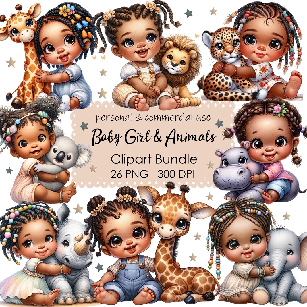 Adorable African American Baby Girl Clipart Bundle - Watercolor Animals ...