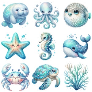 Adorable Glitter Sea Animals Clipart Pack - Cute Underwater Creatures ...