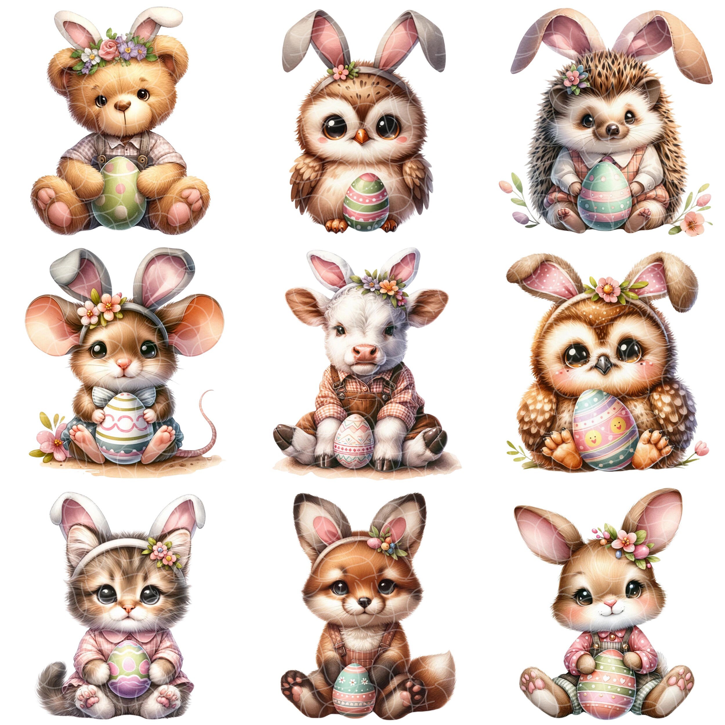 Cute Easter Animals Clipart PNG Bundle, Teddy Bear Fox Owl Bunny Mouse ...