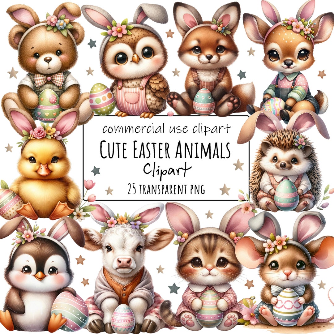 Cute Easter Animals Clipart PNG Bundle, Teddy Bear Fox Owl Bunny Mouse ...
