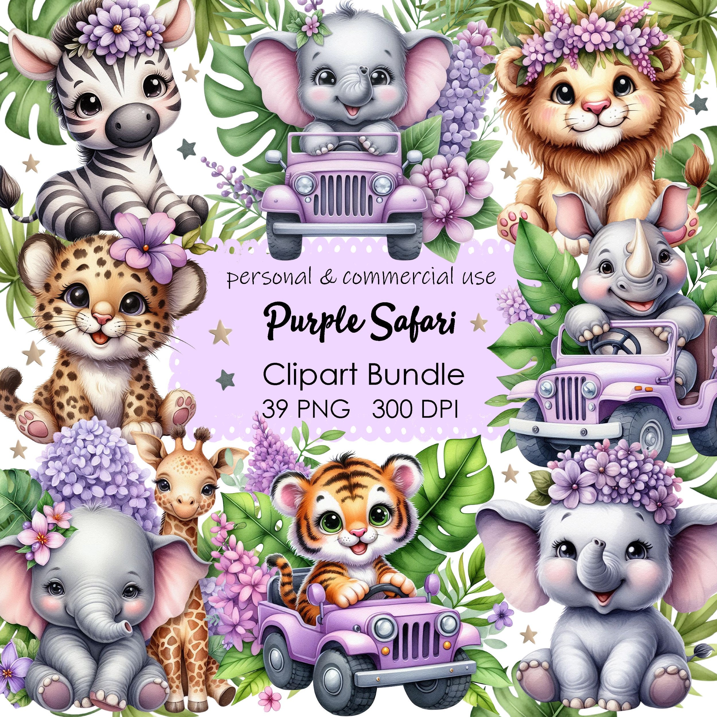 Watercolor Sweet Safari Clipart, Purple Safari Clipart, Jungle Animals ...