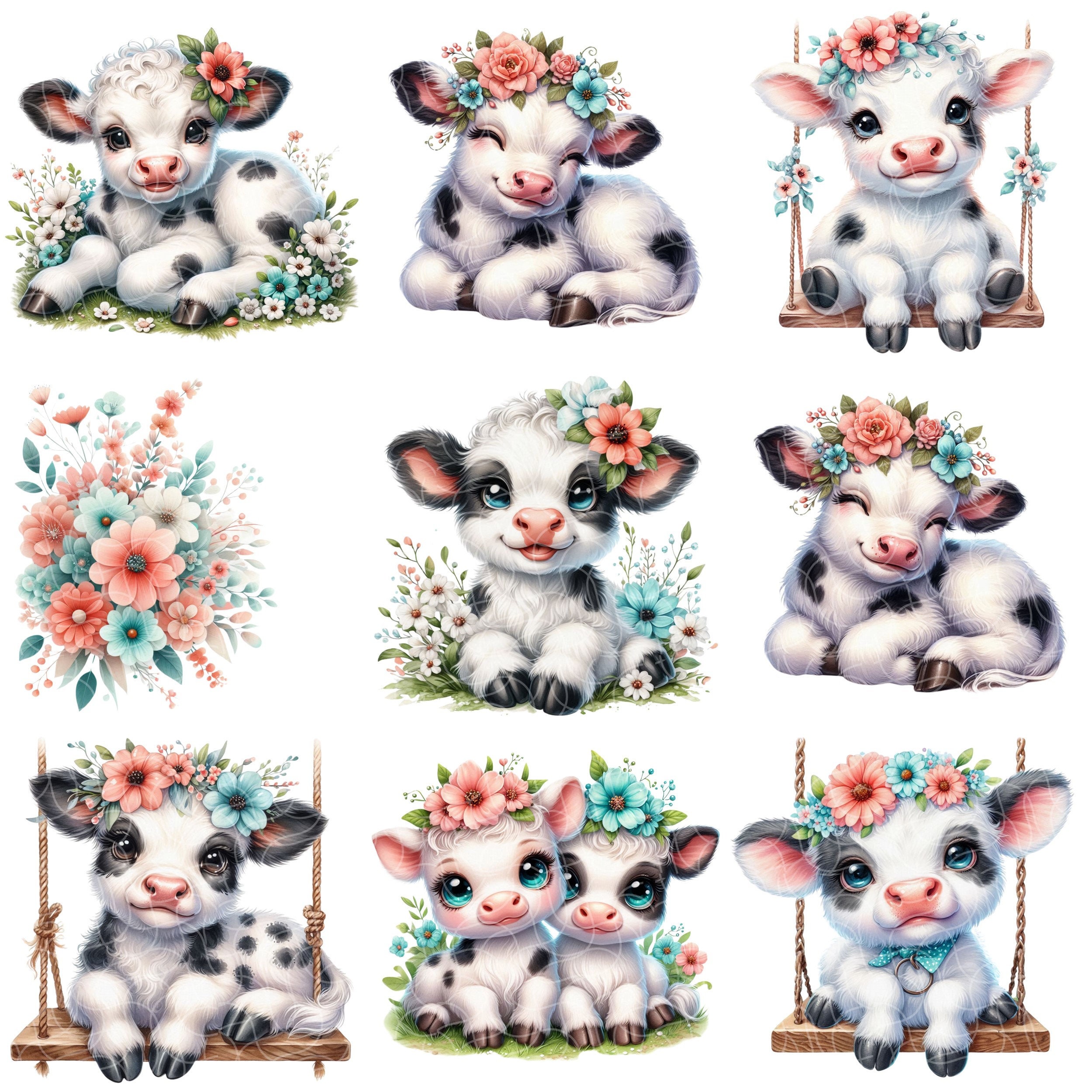 Cute Watercolor Baby Cows Clipart Collection - Instant Download PNG ...