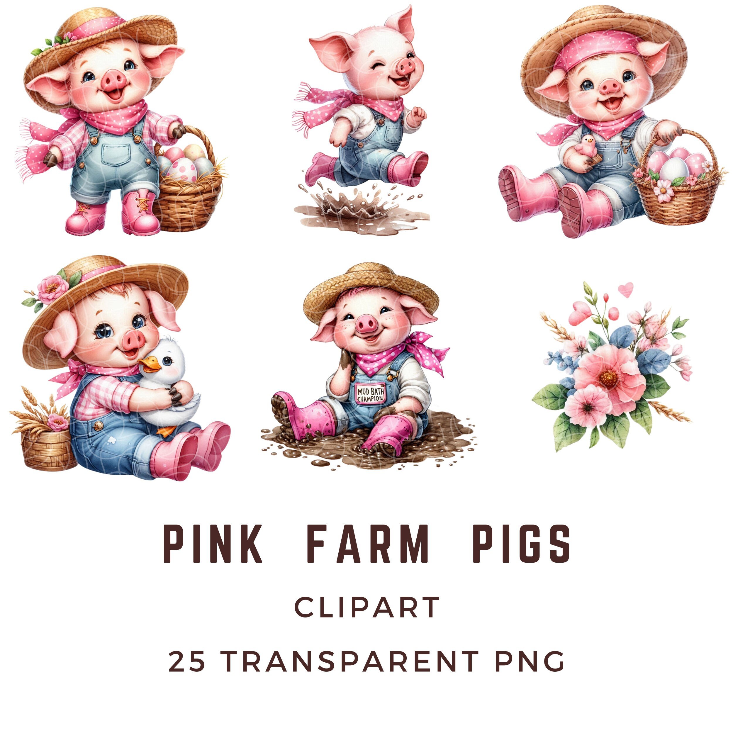 Pigs Clipart PNG, Pink Clip Art, 25 Watercolor Cute Piglet Farm Animal ...