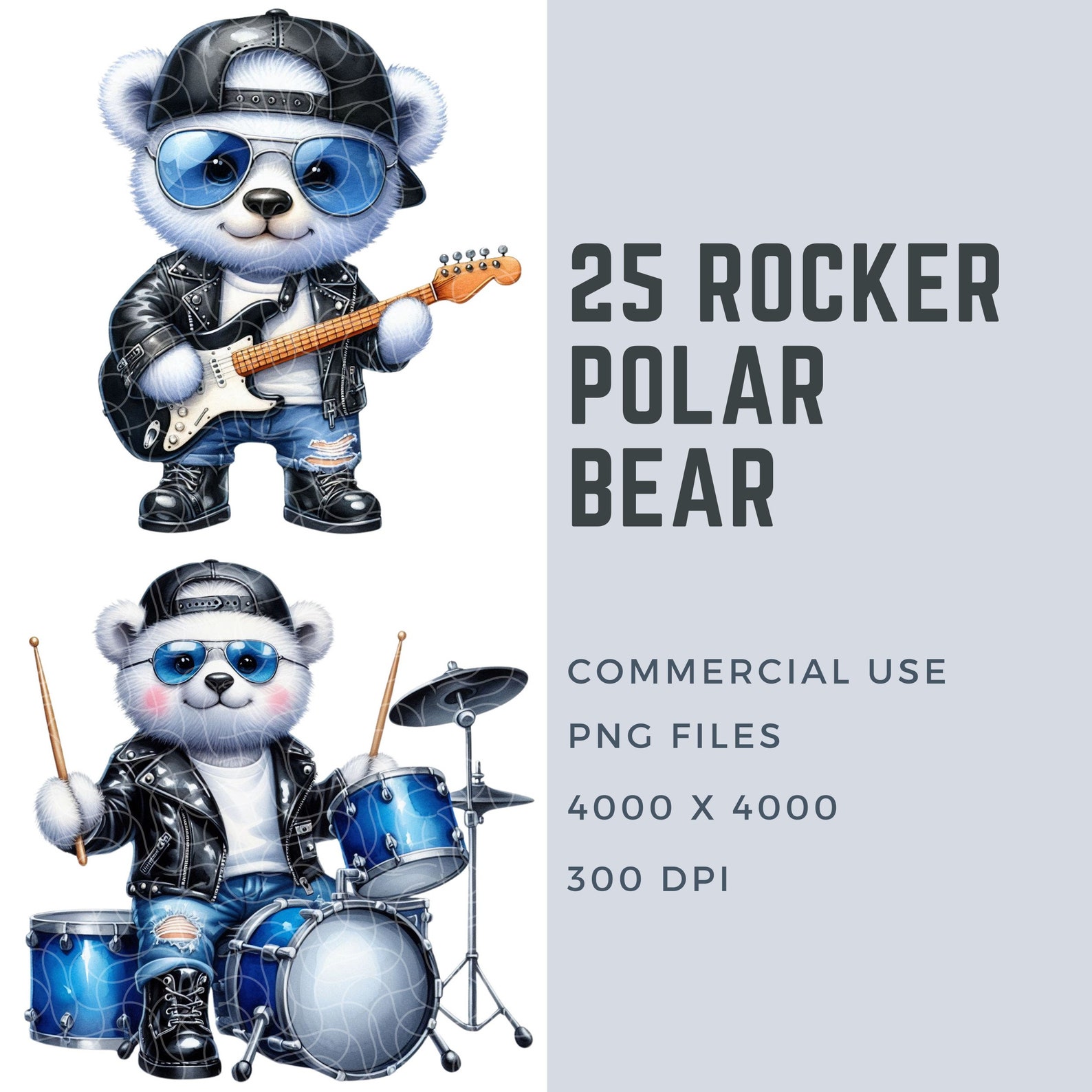 Whimsical Polar Bear Music Clipart - Guitar, Drums - Instant Download ...