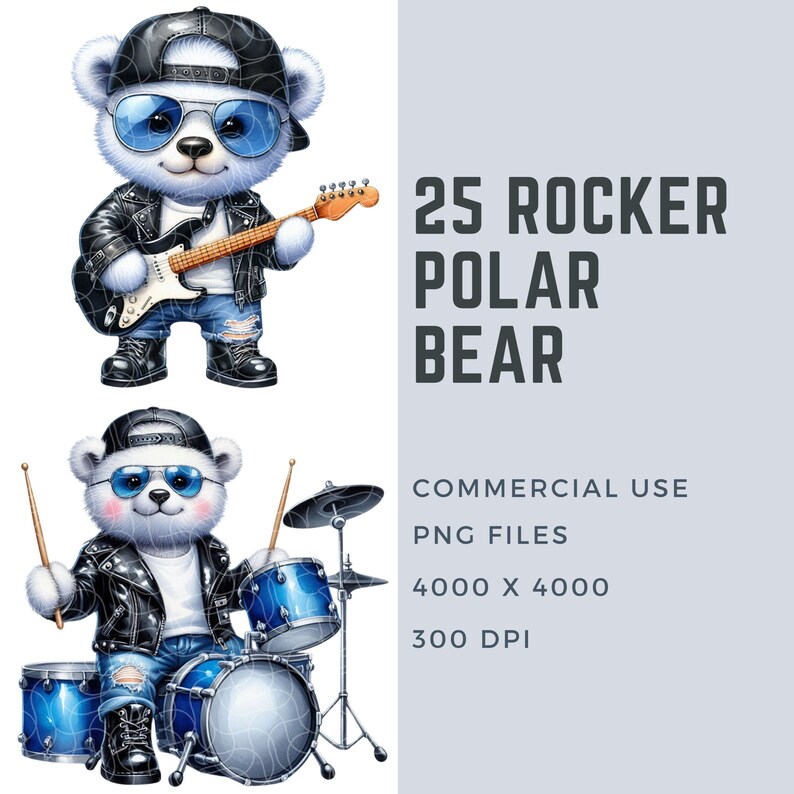 Whimsical Polar Bear Music Clipart - Guitar, Drums - Instant Download ...