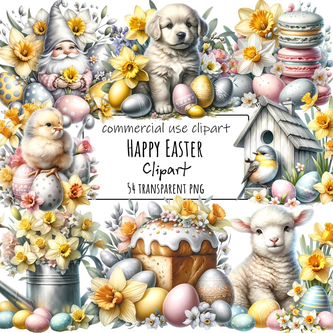 Happy Easter Clipart, Cute Easter Clipart Bundle, Large Bundle PNG ...