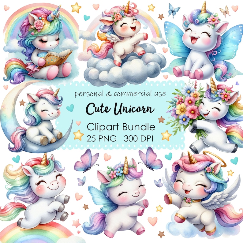 Magical Unicorn Clipart Bundle PNG Files, Instant Digital Download - Etsy
