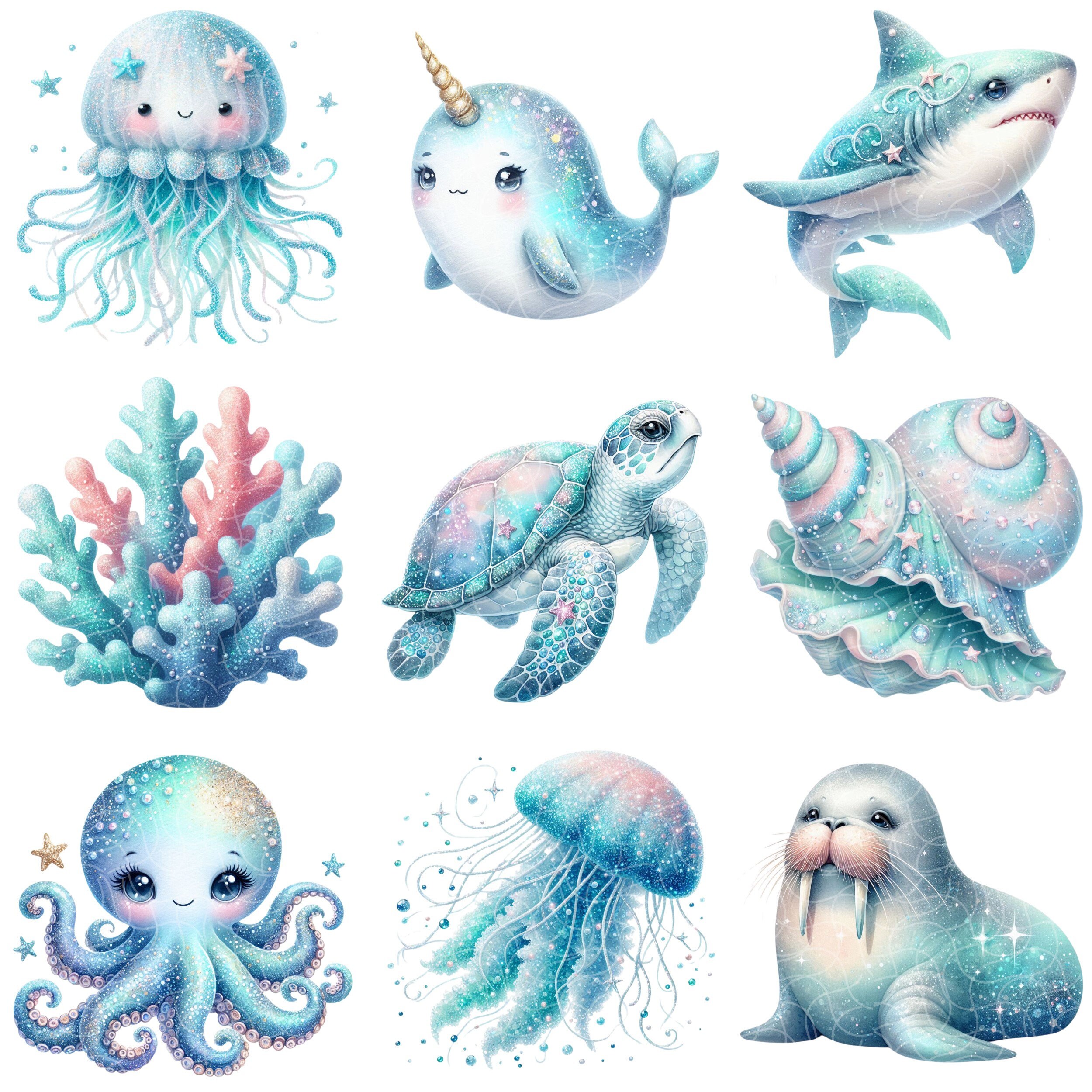Adorable Glitter Sea Animals Clipart Pack - Cute Underwater Creatures ...