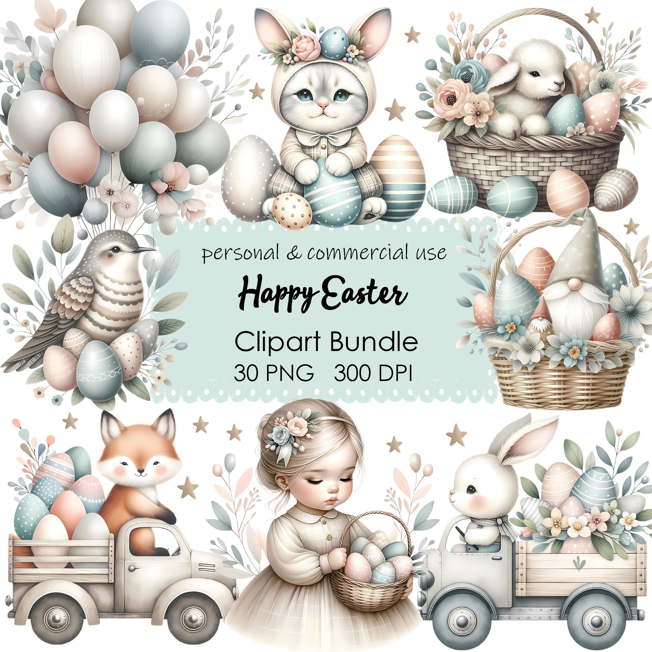 Cute Easter Clipart Bundle, Large Bundle PNG Easter Bunny ...