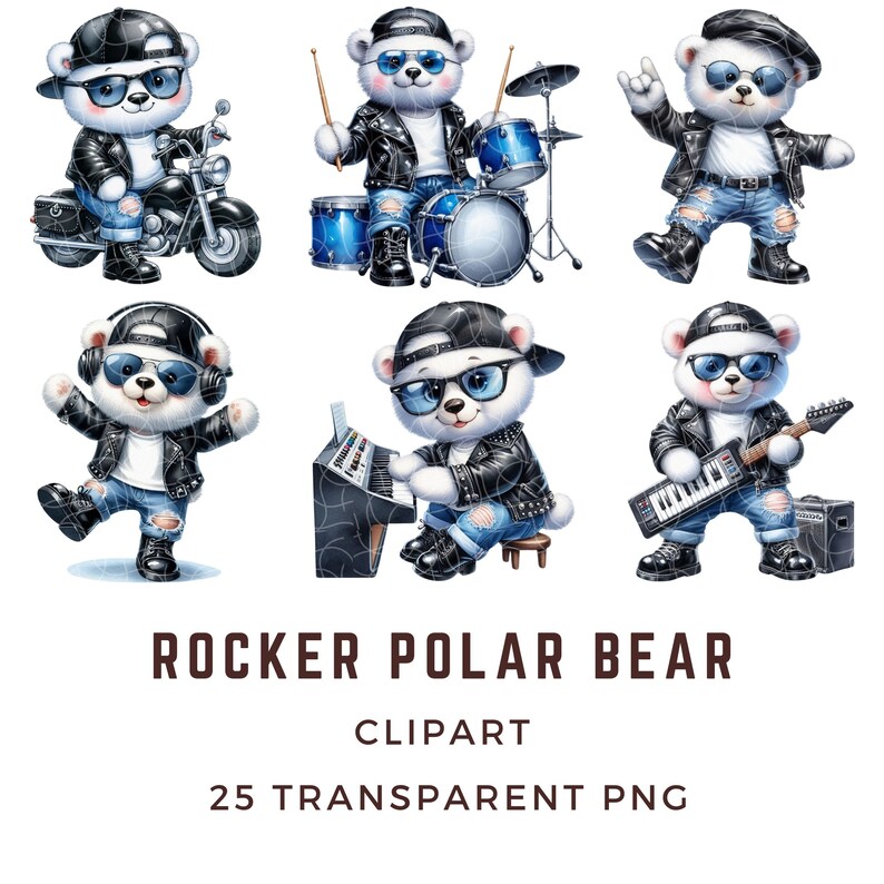 Whimsical Polar Bear Music Clipart - Guitar, Drums - Instant Download ...