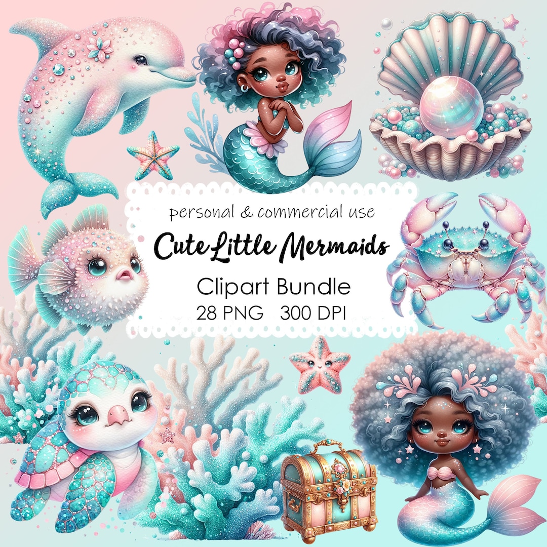 Watercolor African American Mermaid Clipart, Pastel PNG (digital ...