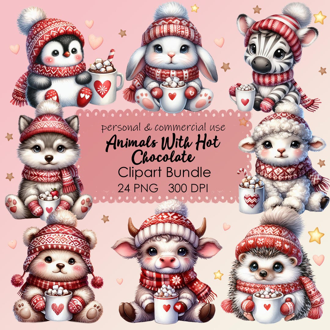 Winter Animals With Hot Chocolate Clipart: Watercolor PNG Bundle ...